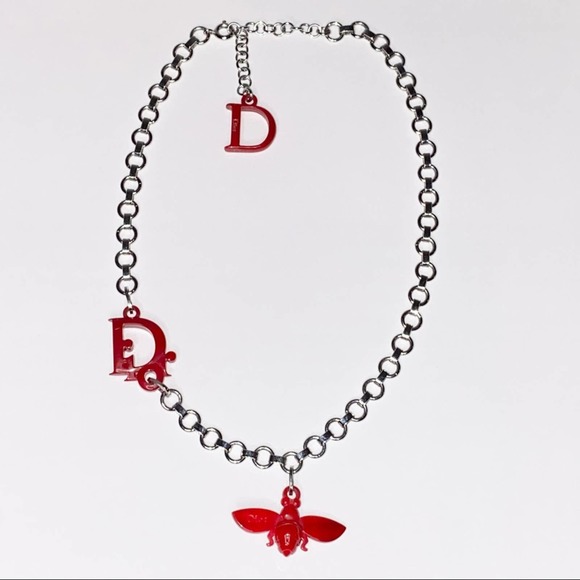 Dior | Jewelry | Vtg Christian Dior Silver Chain Link Red Acrylic Bee ...